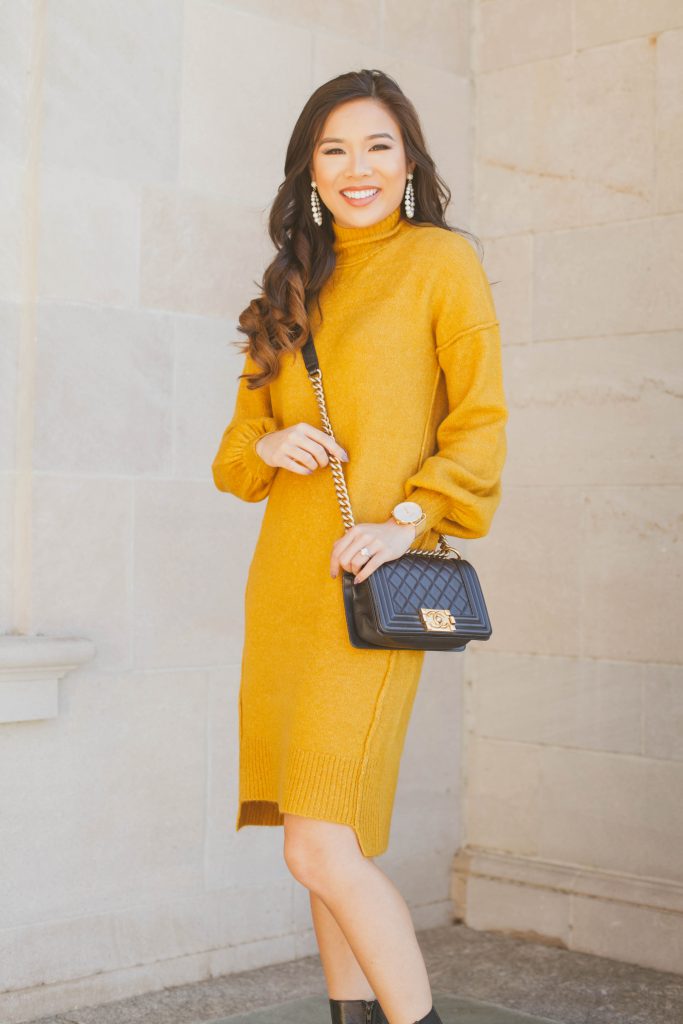 Touches of Gold :: Balloon Sleeve Dress + Block Heel Boots - Color & Chic